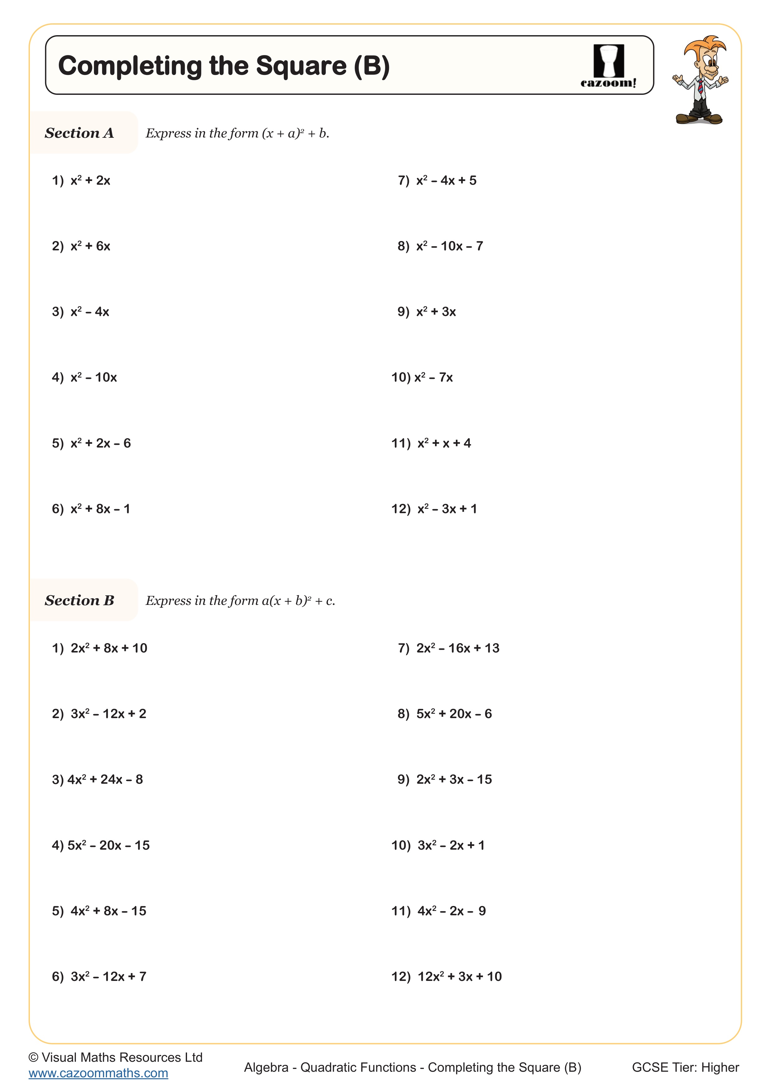 Completing the Square (B) Worksheet | Cazoom Maths Worksheets